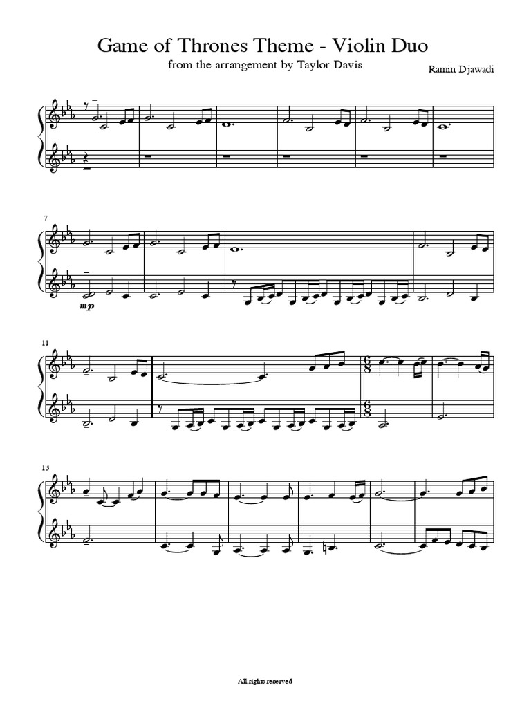 Game of Thrones Theme - Violin Duo: From The Arrangement by Taylor ...