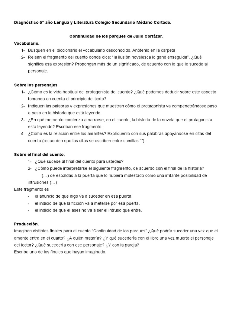 Actividades Continuidad de Los Parques de Julio Cortc3a1zar | PDF