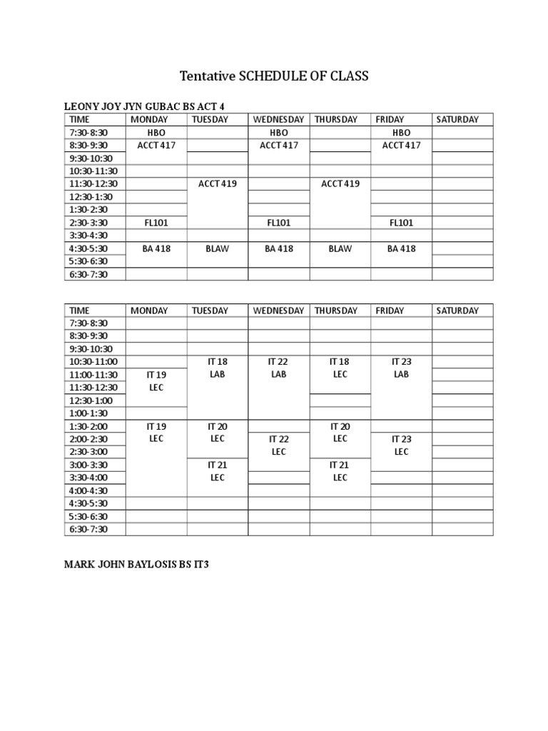 Tentative Schedule of Class: Leony Joy Jyn Gubac Bs Act 4 | PDF
