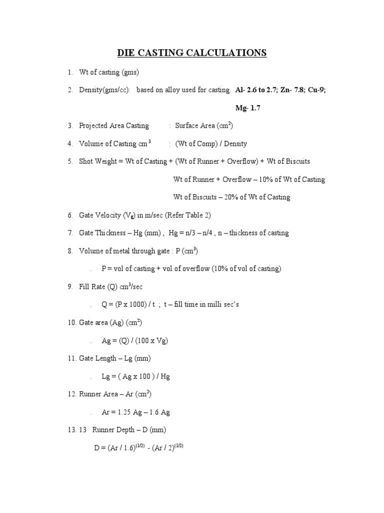 Die Casting Calculation Guide | PDF | Casting (Metalworking) | Applied ...