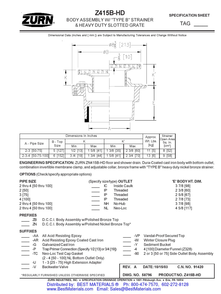 Zurn p415 2nh P CPT Spec Sheet | PDF | Manmade Materials | Pipe (Fluid ...