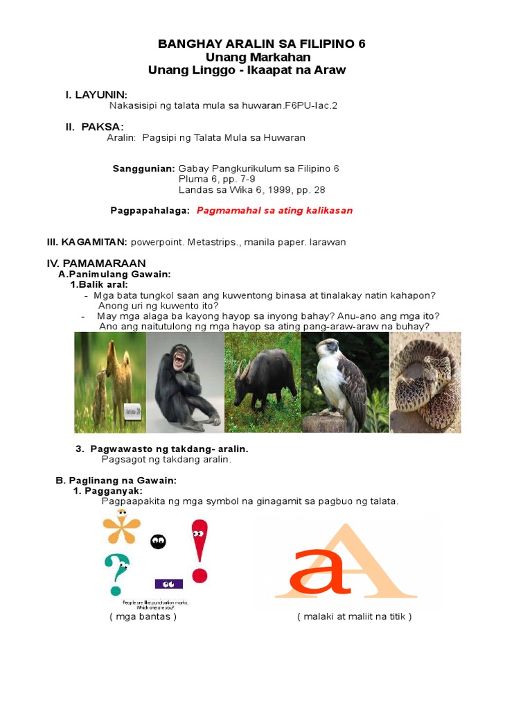 DLP SA FILIPINO 6 Unang Markahan - 1st Week Ikaapat Na Araw | PDF