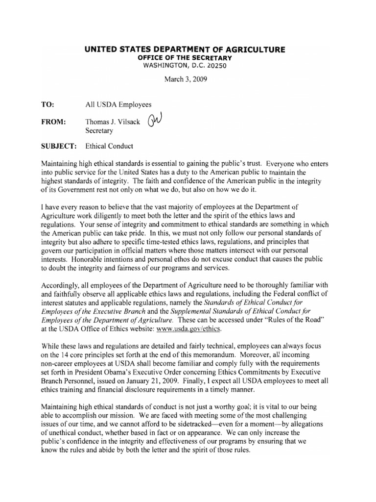 Secretary Memo On Ethical Conduct | PDF | Integrity | United States ...