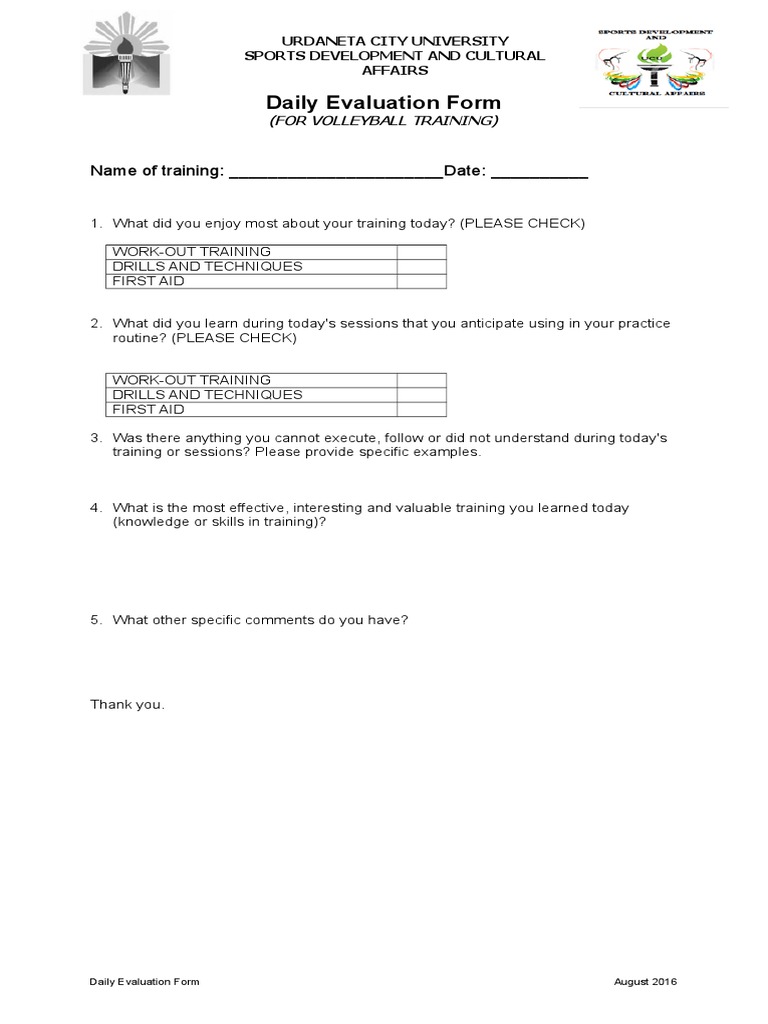 Daily Evaluation Form: Name of Training: - Date | PDF