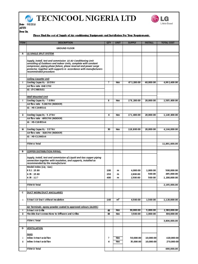 Hvac Boq For Kwara Stadium Indoor Sport Hall | PDF | Air Conditioning | Duct (Flow)