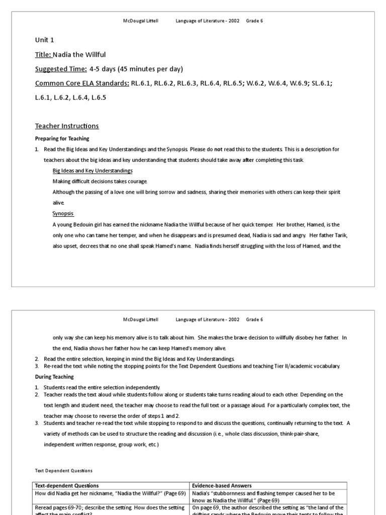 Nadia The Willful. Lesson - Anthology | PDF | Reading (Process)