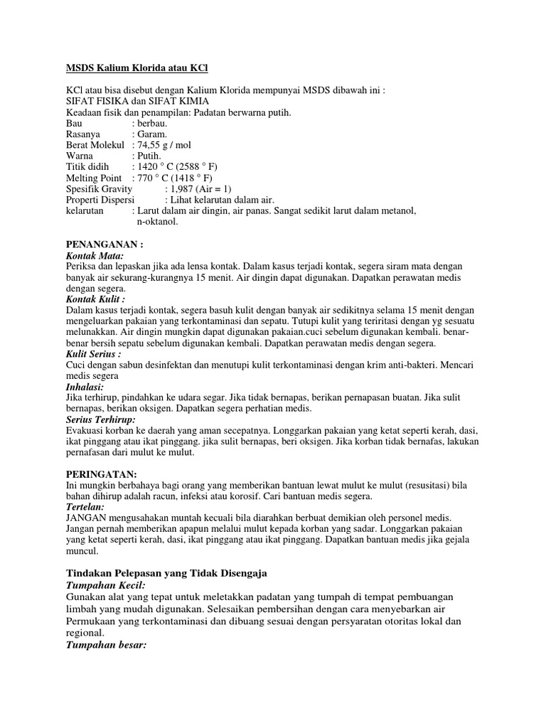 MSDS Kalium Klorida Atau KCL | PDF
