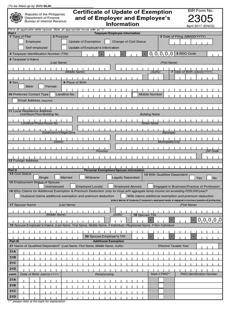 BIR Form2305 April 2017 Updated form | Identity Document | Government