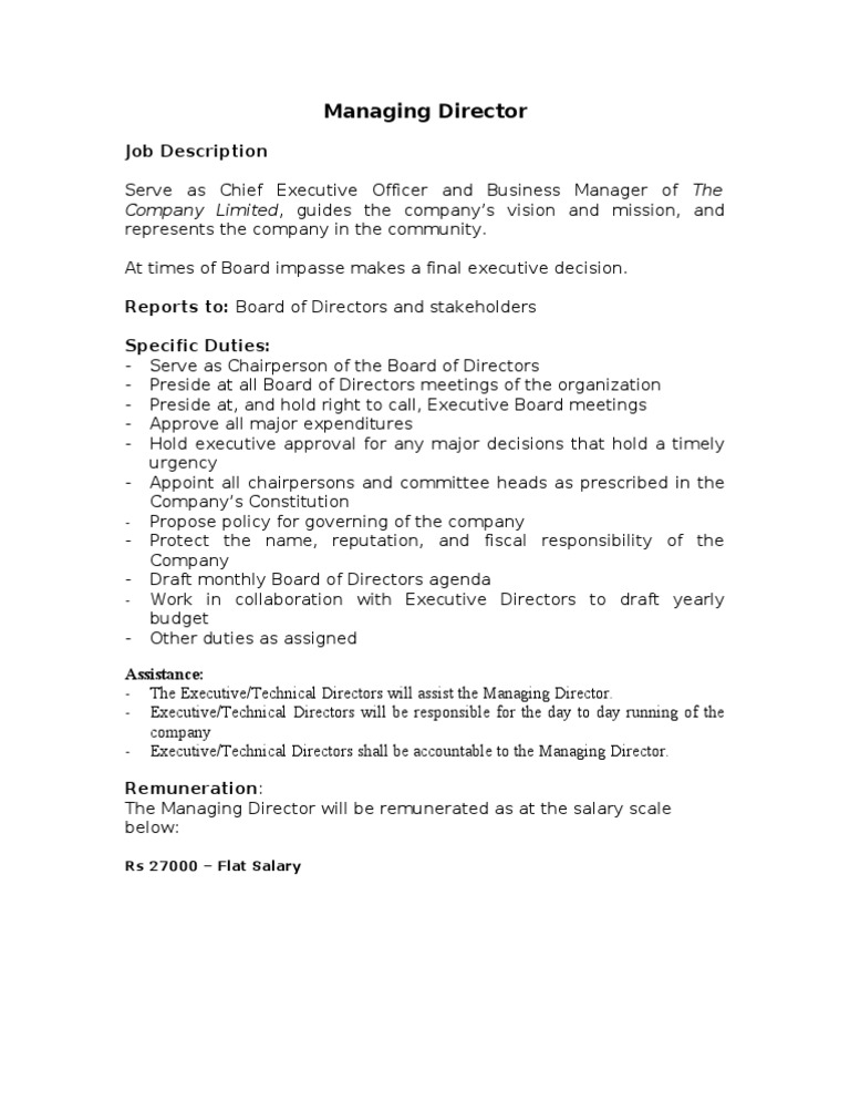 Managing Director Duties Overview | PDF | Business