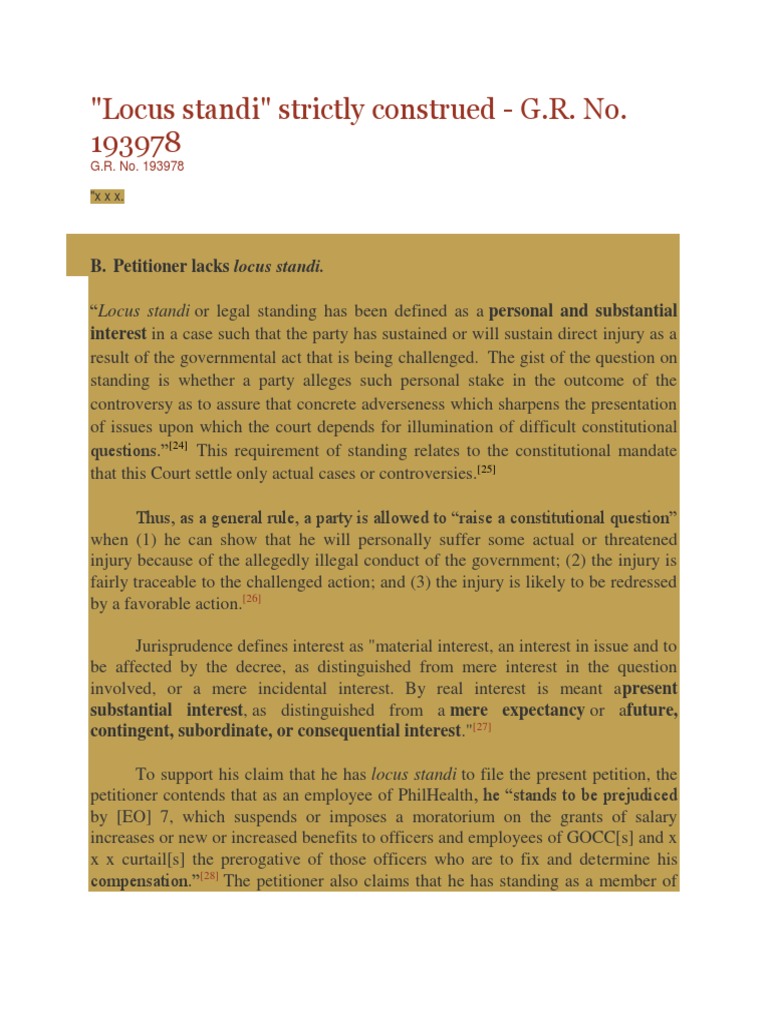 "Locus Standi" Strictly Construed - G.R. No. 193978 | PDF | Standing ...