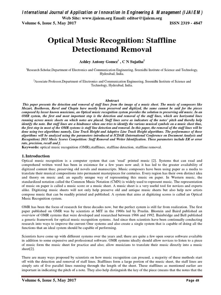 Optical Music Recognition: Staffline Detectionand Removal | PDF ...