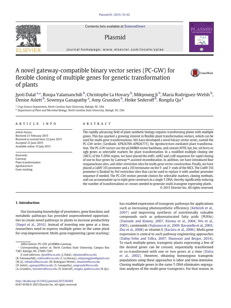 A Novel Gateway Compatible Binary Vector Series Pc Gw For Flexible Cloning Of Multiple Genes