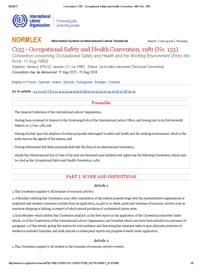 Convention C155 - Occupational Safety and Health Convention, 1981 (No ...
