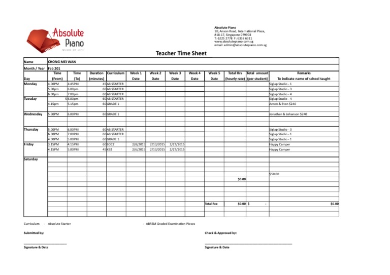 Teacher Time Sheet: Absolute Piano | PDF | Behavior Modification | Learning