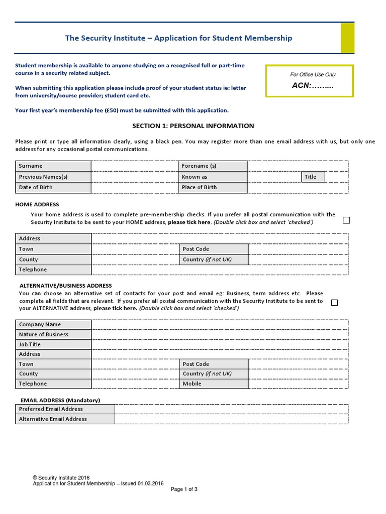The Security Institute - Application For Student Membership: Section 1 ...
