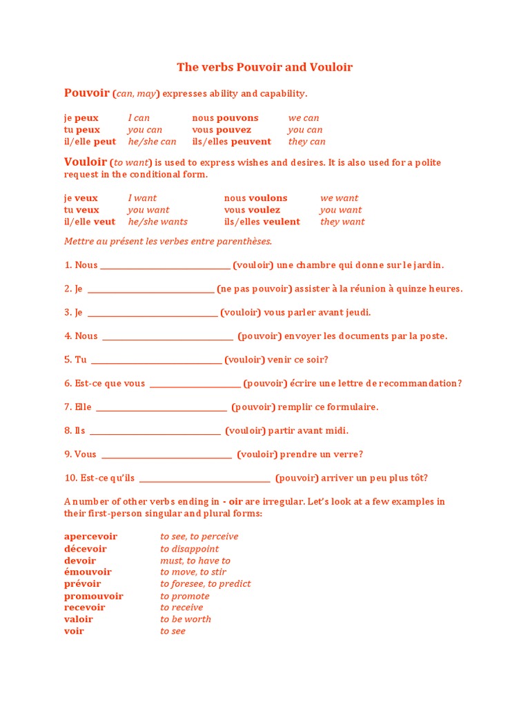 The Verbs Pouvoir and Vouloir Exercices | PDF | Échecs | Jeux et activités