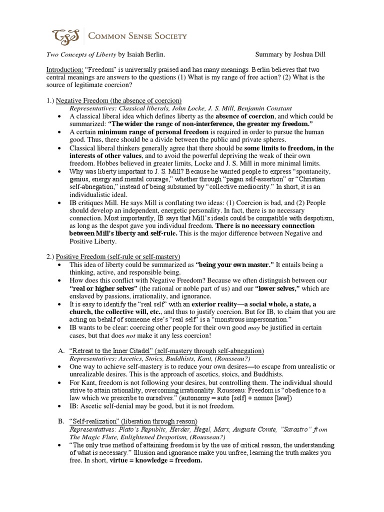 Two Concepts of Liberty: Negative and Positive Freedom in Political ...