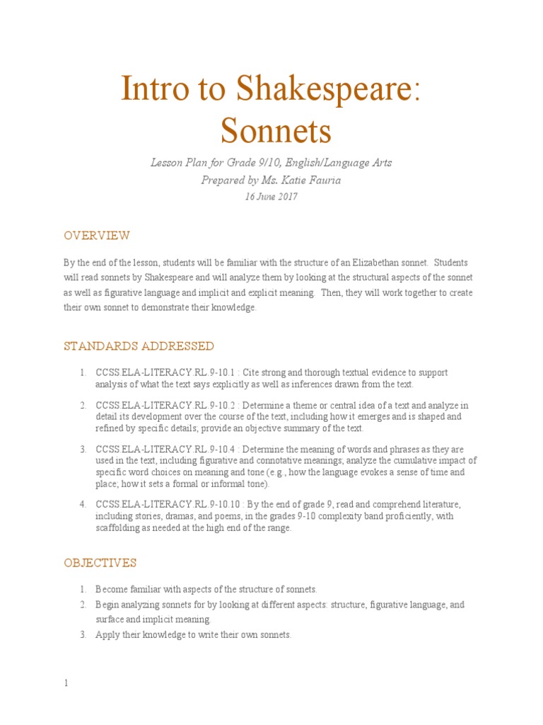 Intro To Shakespeare: Sonnets: Lesson Plan For Grade 9/10, English ...