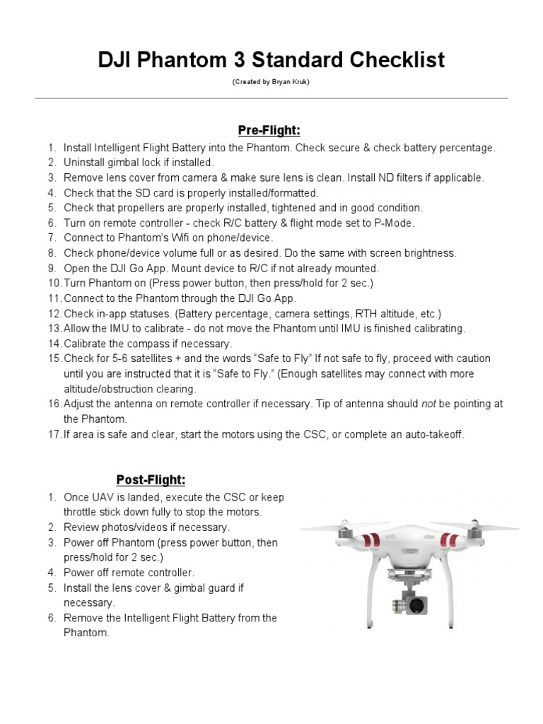 DJI Phantom 3 Standard Checklist: Pre Flight | PDF