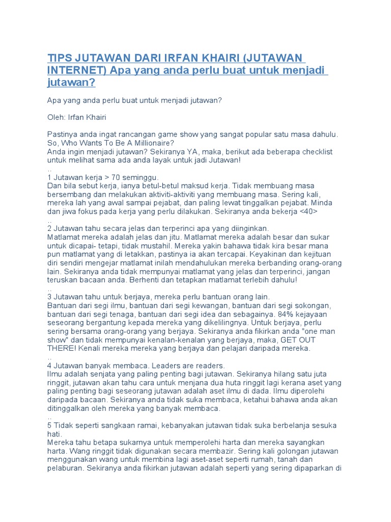 Tips Jutawan Dari Irfan Khairi | PDF