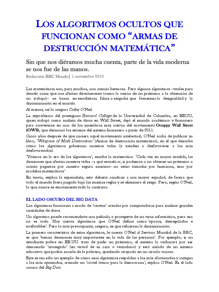 5 - Los Algoritmos Como "Armas de Destrucción Matemática" - BBC | PDF | Algoritmos | Maestros