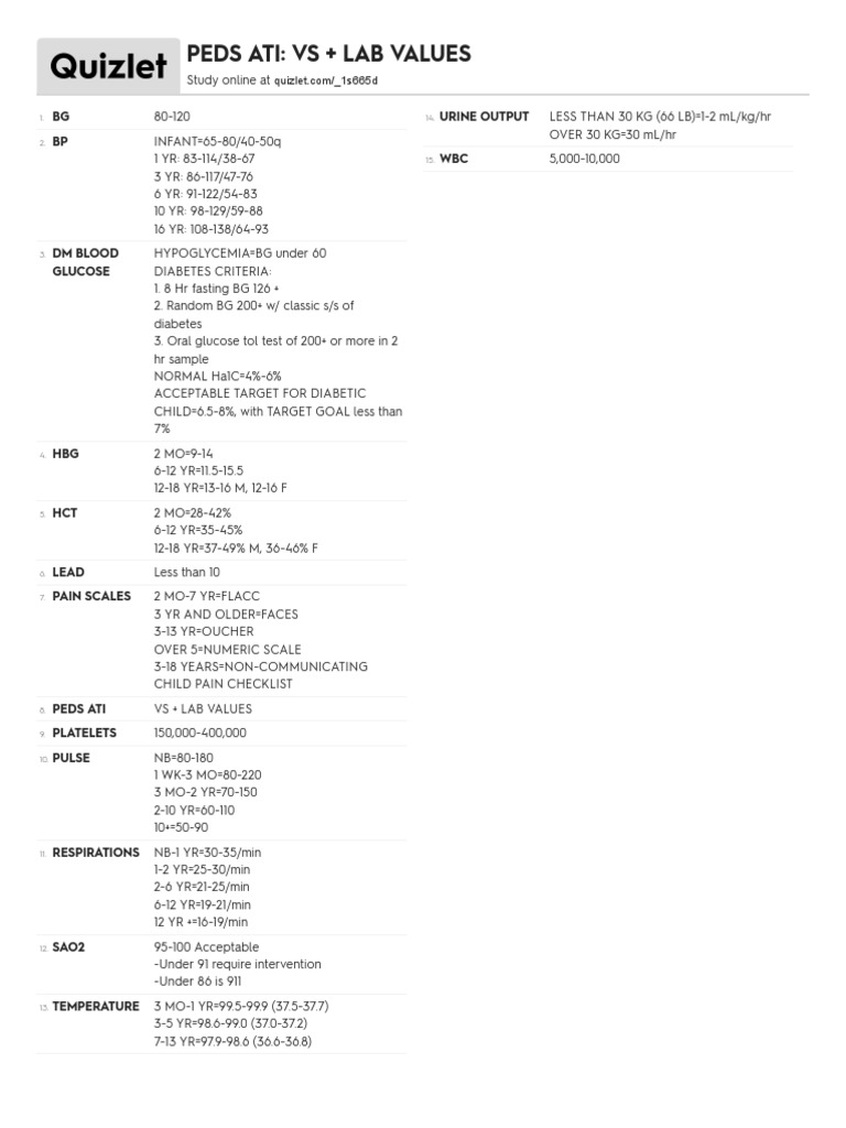 Peds Ati - VS + Lab Values | PDF | Endocrine | Diabetes