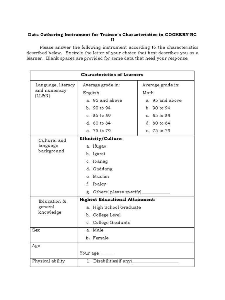 Data Gathering Instrument for Trainee’s Characteristics in COOKERY NC ...