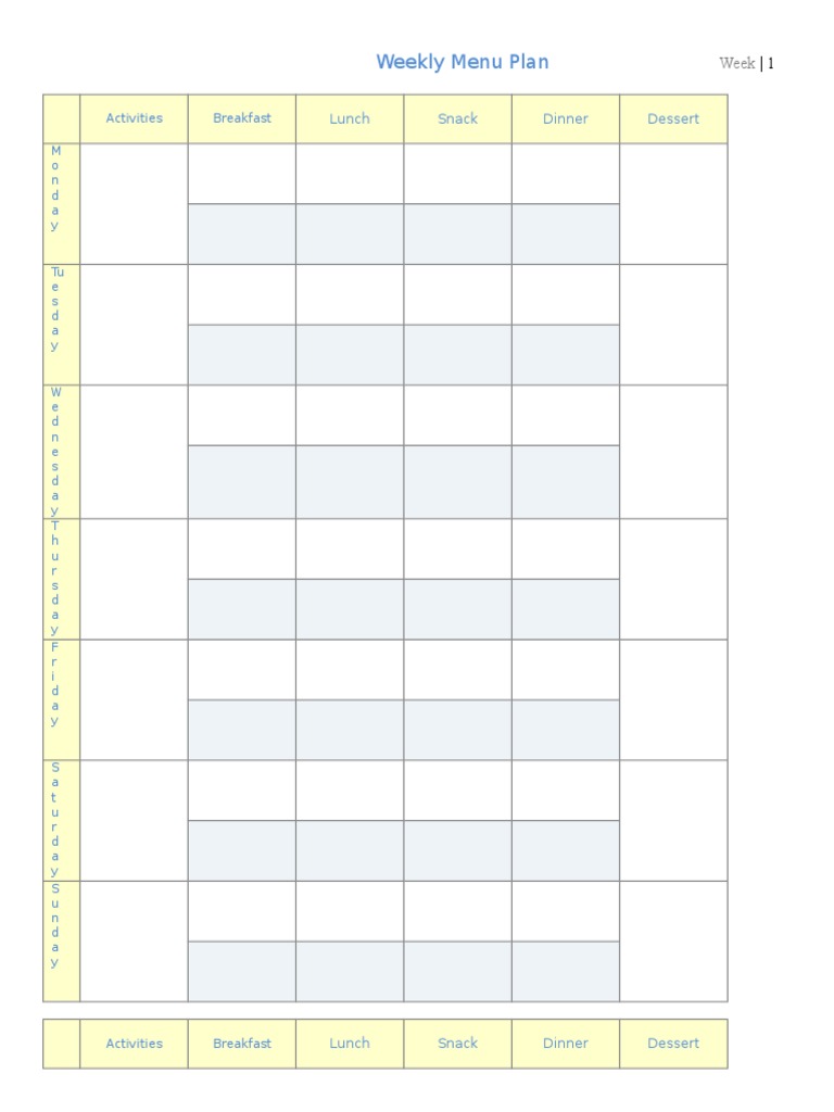 Weekly Menu Plan: Lunch Snack Dinner Dessert | PDF