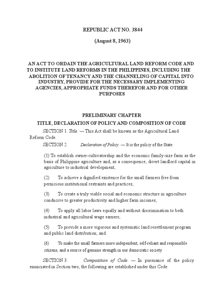 RA 3844 of August 8, 1963 | PDF | Lease | Leasehold Estate