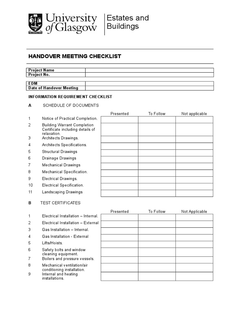 Estates and Buildings: Handover Meeting Checklist | PDF | Safety ...