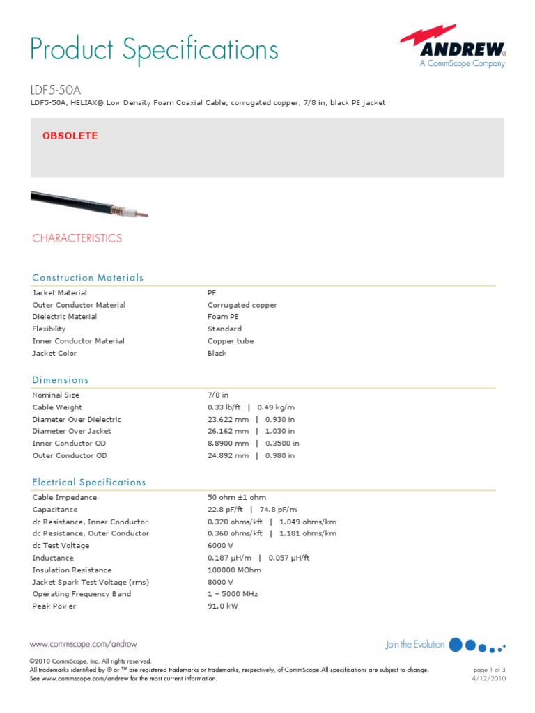 LDF5 50A, HELIAX® Low Density Foam Coaxial Cable, Corrugated Copper, 78 ...