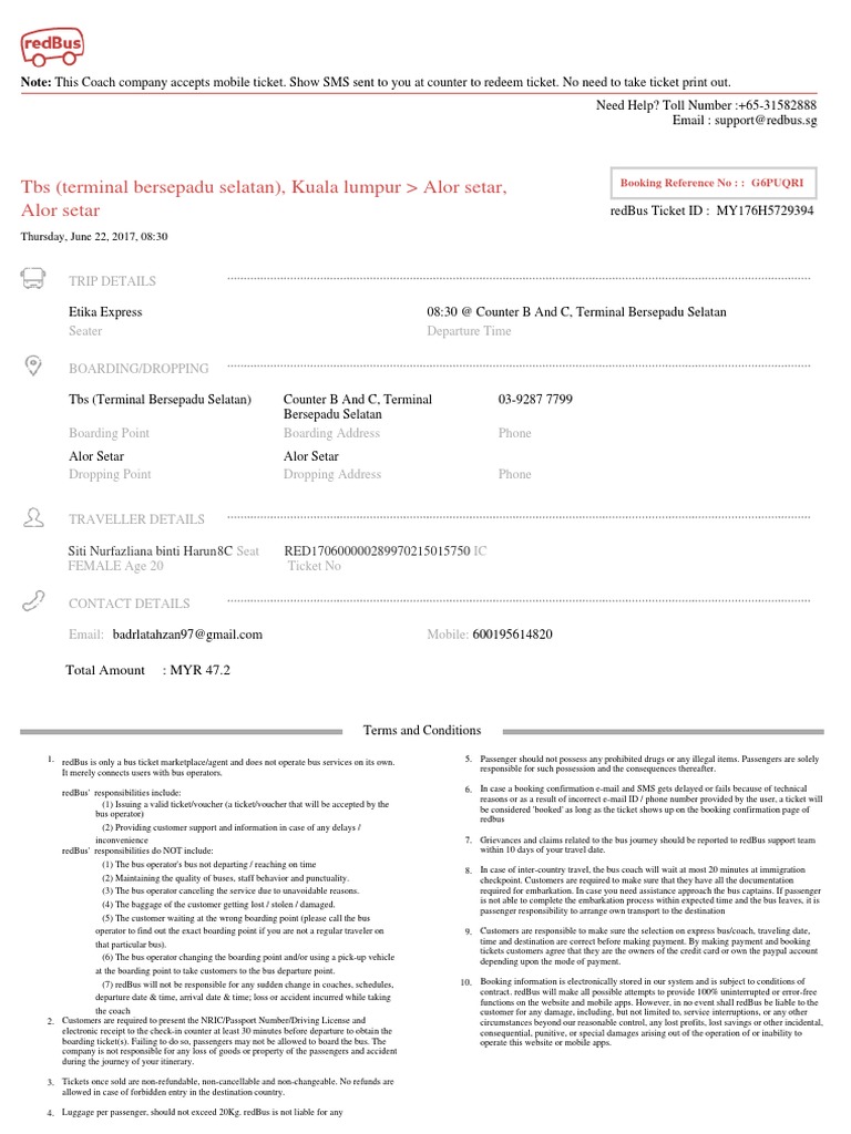 RedBus Ticket MY176H5729394 | PDF | Bus | Ticket (Admission)