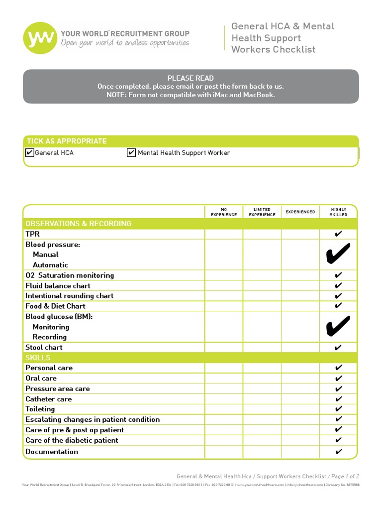 Skills Checklist (HCA and Mental Health) - Copy (1710) | PDF | Mental ...