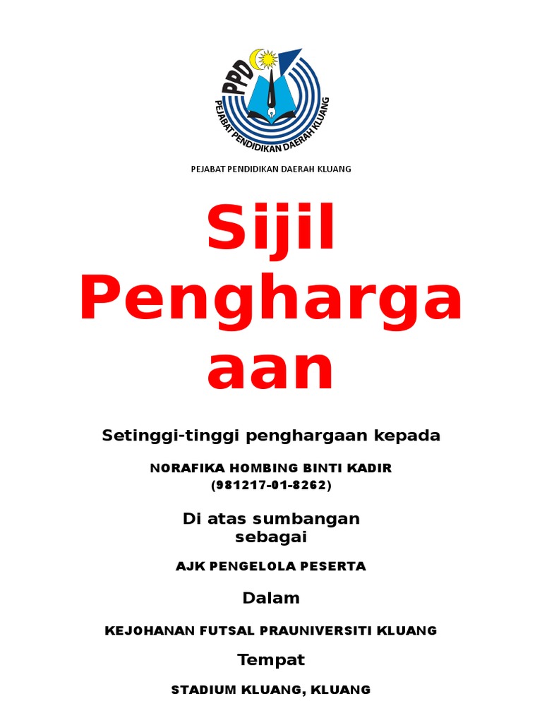 Sijil Penghargaan Ajk Futsal 2017 | PDF
