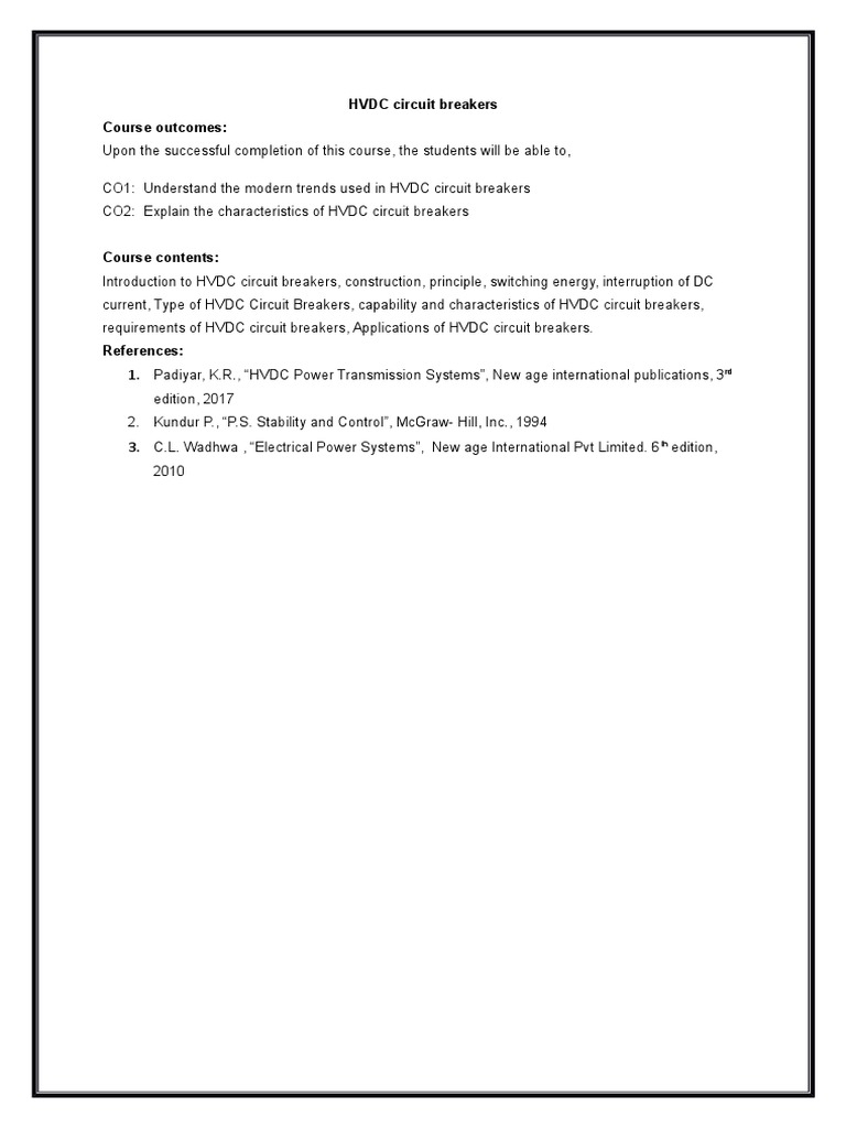 HVDC Circuit Breakers Course Outcomes | PDF