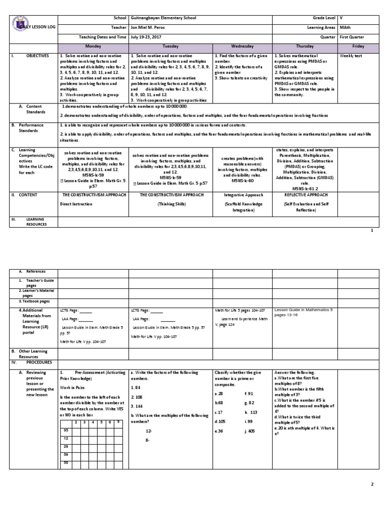 G5 DLL Q1 WEEK 3 MATH With Pedagogical Approaches | PDF ...