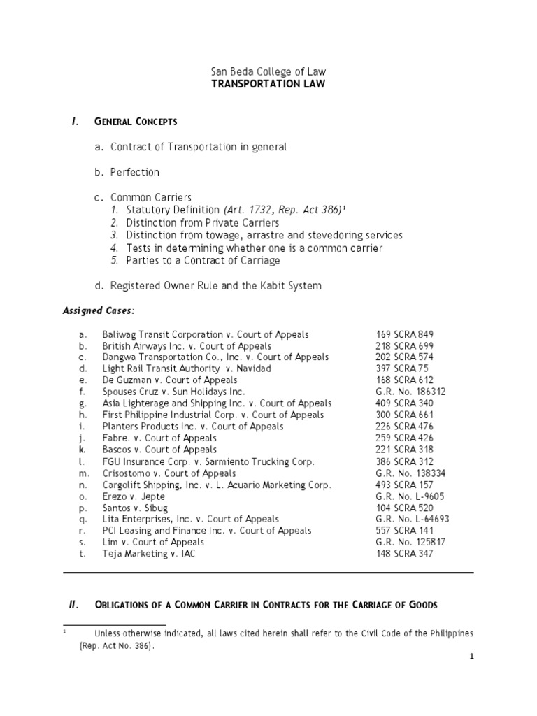 SYLLABUS Transportation Law Atty. Reinier Yebra 2015 | PDF | Shipping ...