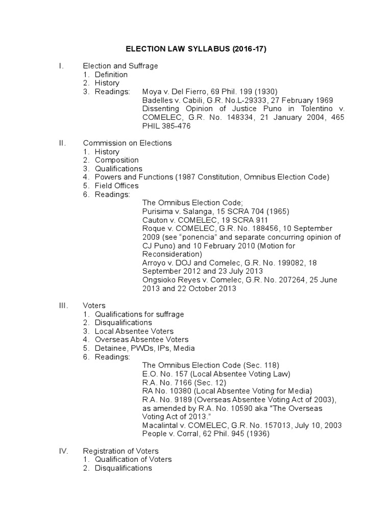 SYLLABUS Election Law Under Atty. Randolph Pascasio | PDF | Commission ...