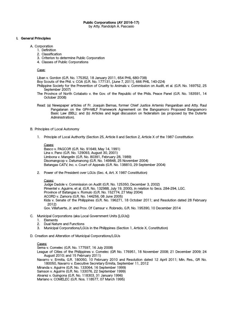 SYLLABUS Public Corporations Atty. Randolph Pascasio | PDF | Commission ...