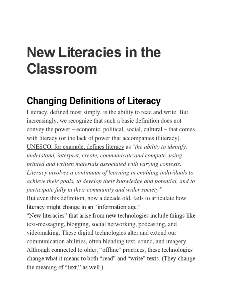 New Literacies in The Classroom | PDF | Literacy | Reading Comprehension