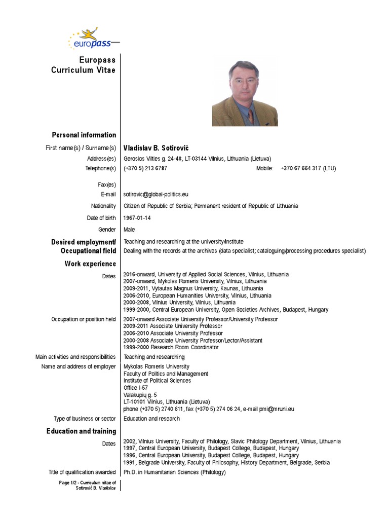 Sotirovic EUROPASS CV Short | PDF | Lithuania | Languages