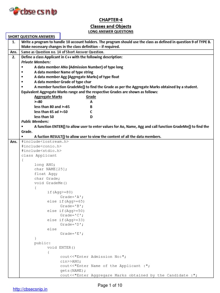 Sumita Arora Classes And Objects Long Answer Questions Pdf Pdf Array Data
