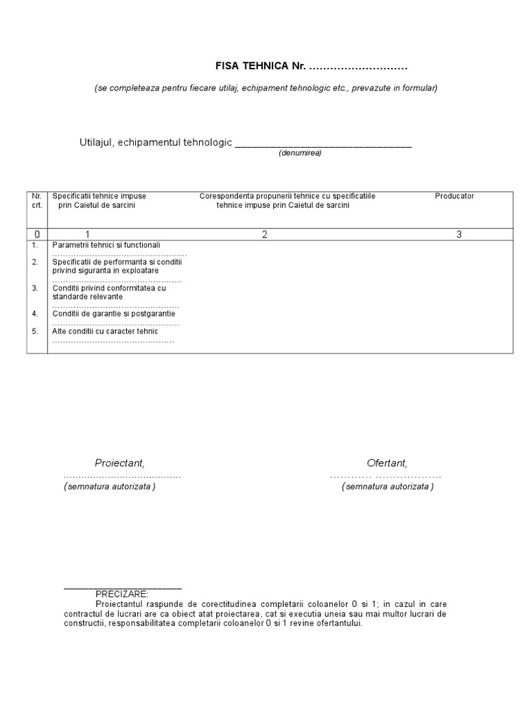 Fisa Tehnica Model | PDF