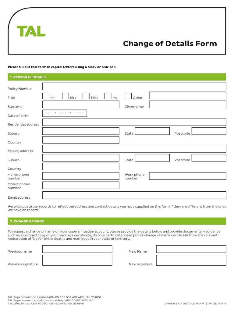 Change of Details Form | PDF | Privacy | Address (Geography)