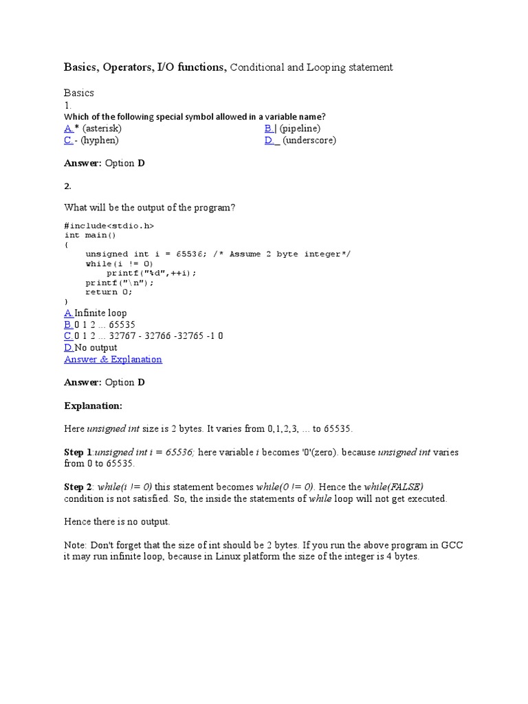 Basics, Operators, I/O Functions,: Conditional and Looping Statement Basics 1 | PDF | Integer ...
