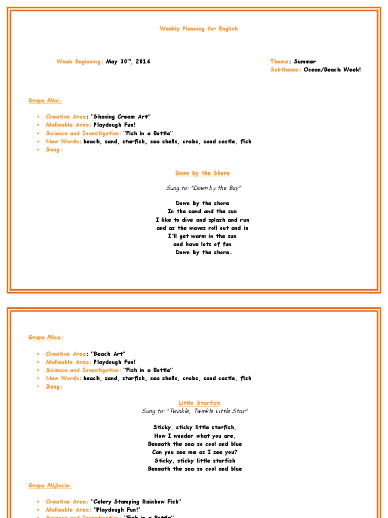 Summer Ocean Theme Weekly Plan | PDF | Nature