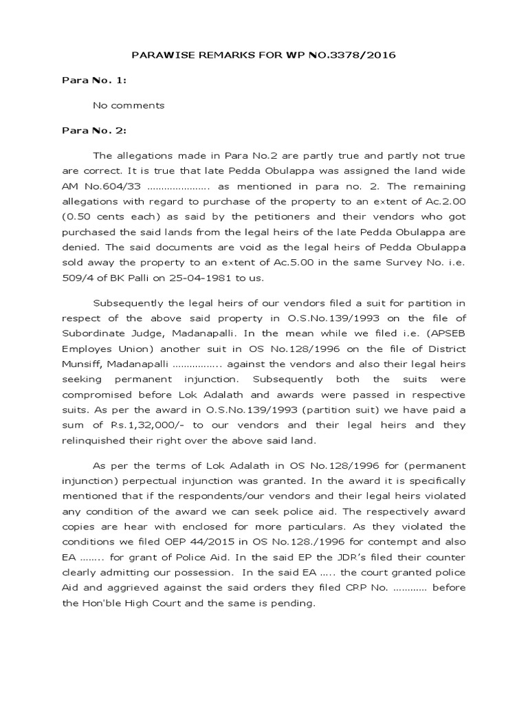 Para-wise Remarks for WP No. 3378/2016 | PDF | Deed | Common Law