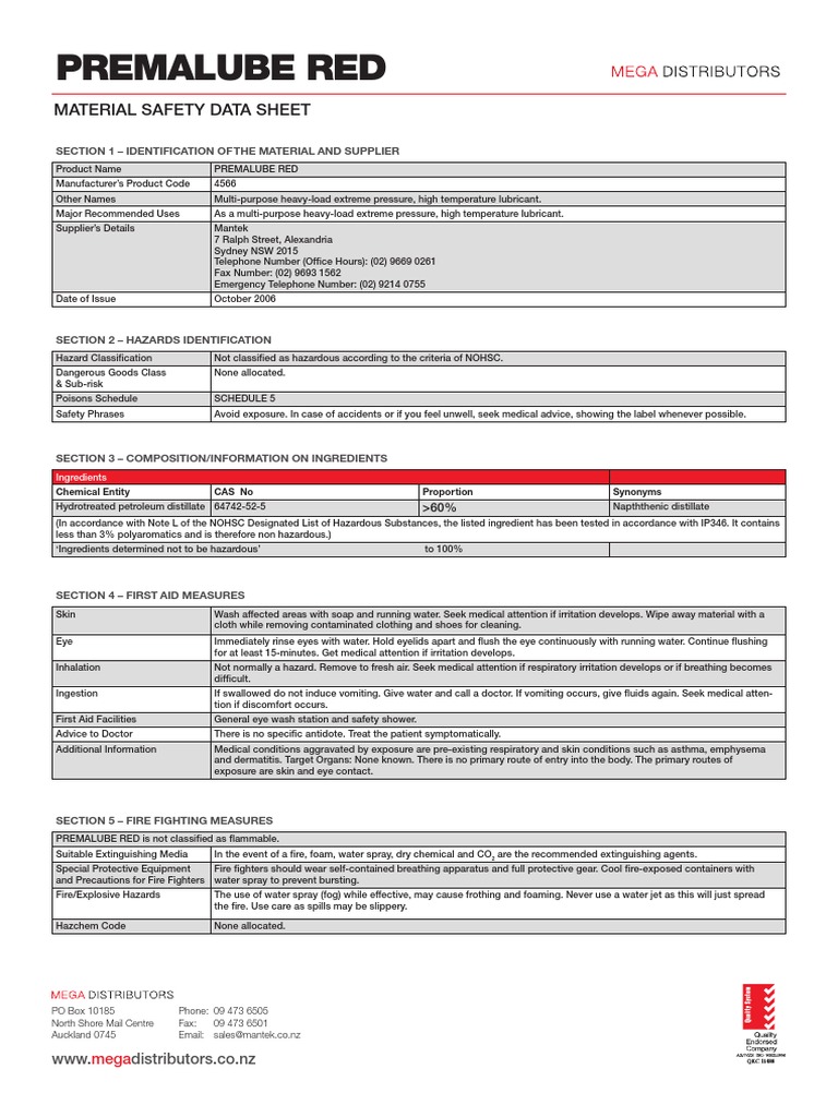 Material Safety Data Sheet for Premalube Red Multi-Purpose Lubricant ...