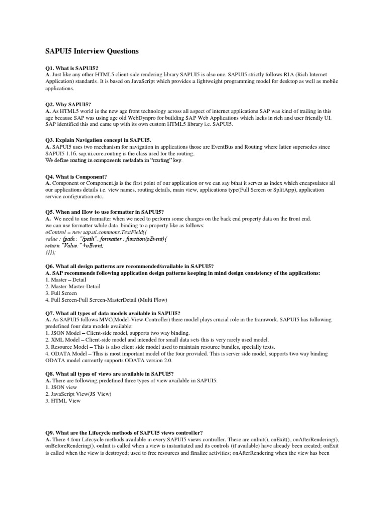 SAPUI5 Interview Questions | Download Free PDF | Metadata | Model–View–Controller