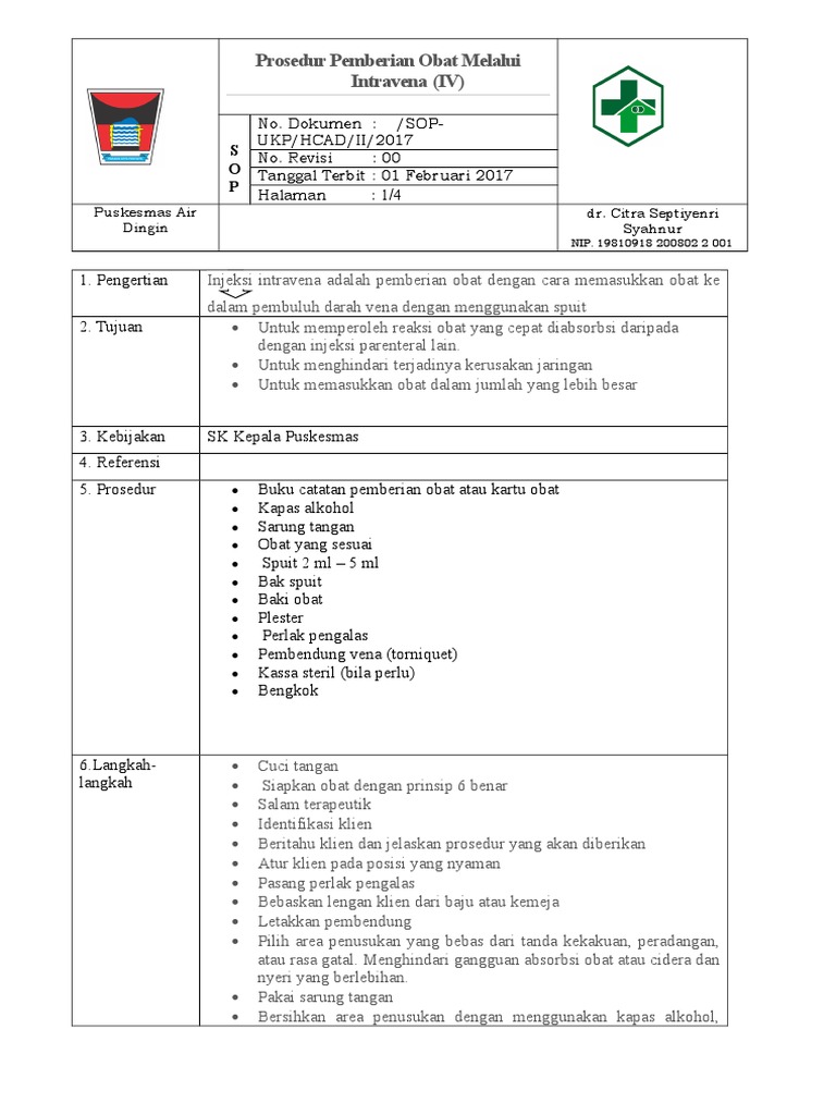 Sop Pemberian Obat Melalui Intravena | PDF